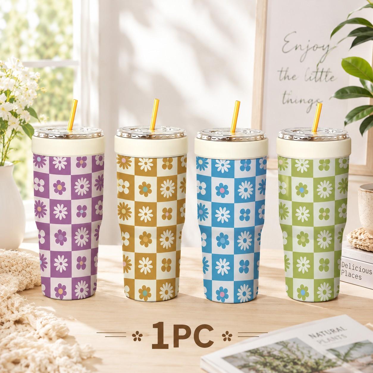 Summer Daisy Insulated Tumbler: 32oz Stainless Steel Iced Coffee Cup ...