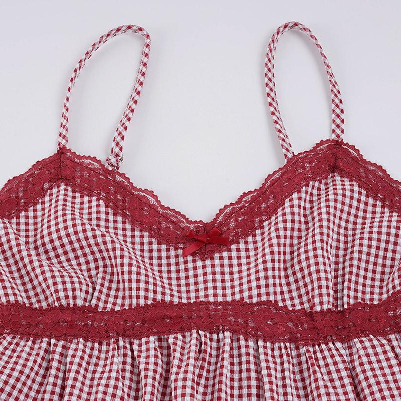 Plaid Lace Patchwork V-Neck Tank Top Sleeveless, Y2K Butterfly Knot ...