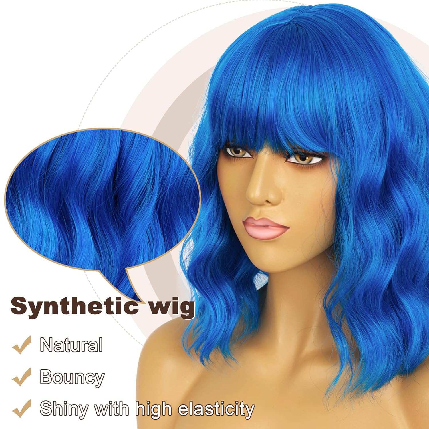 Short Bob Wavy Wig with Bangs for Women Loose Curly Length Synthetic ...