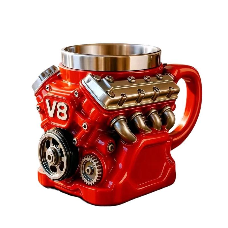 V8 Engine Stainless Steel Coffee Cup, 3D Mechanical Design Dual Layer ...