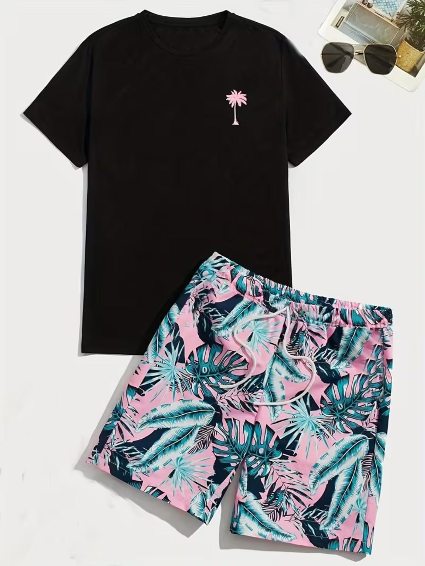 Men's Casual Tropical Island Coconut Tree Print T-Shirt and Shorts Set ...