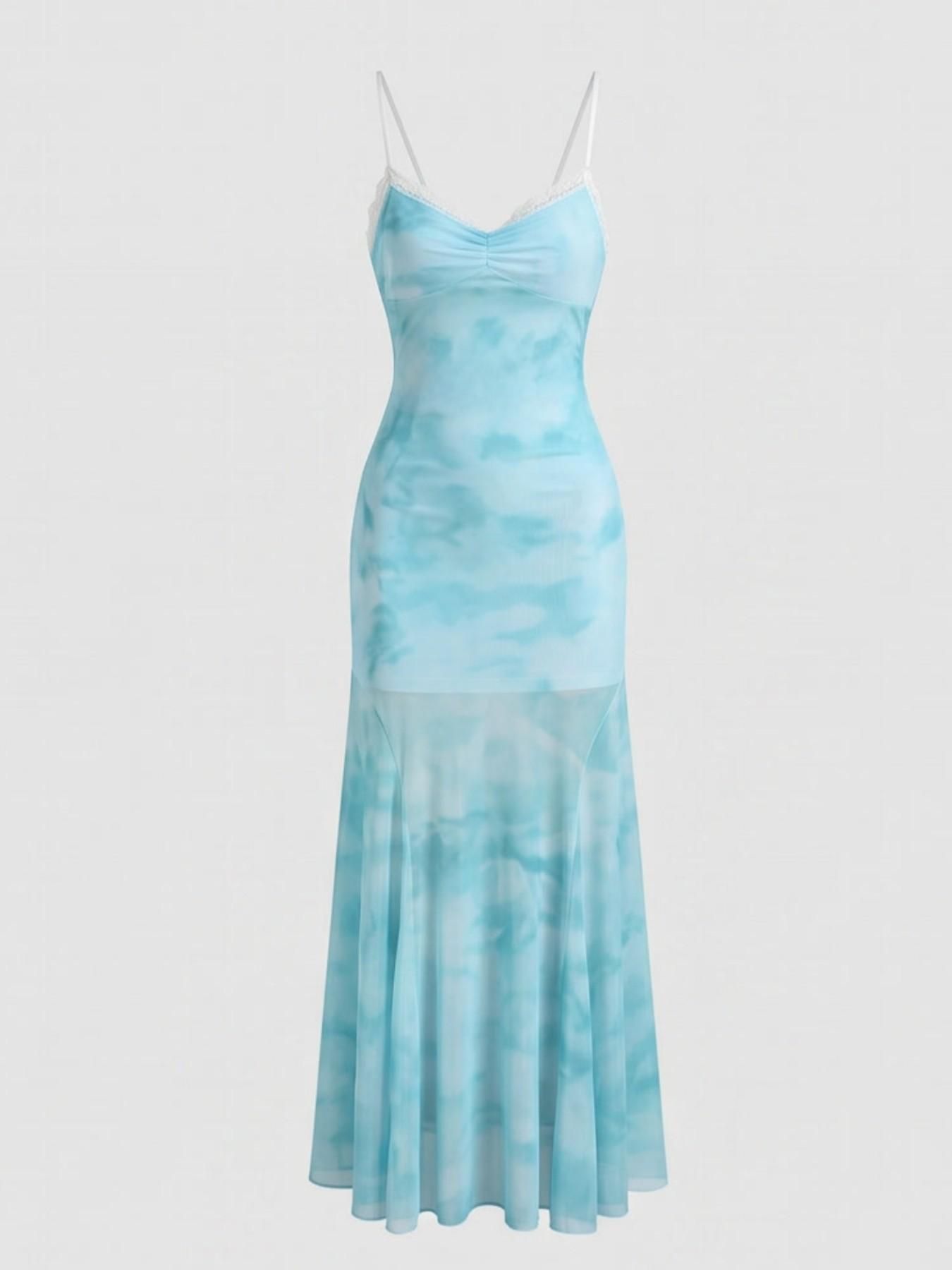 Women's Light Blue Tie-Dye Halter Sleeveless Slim Fit Fish Tail Long ...