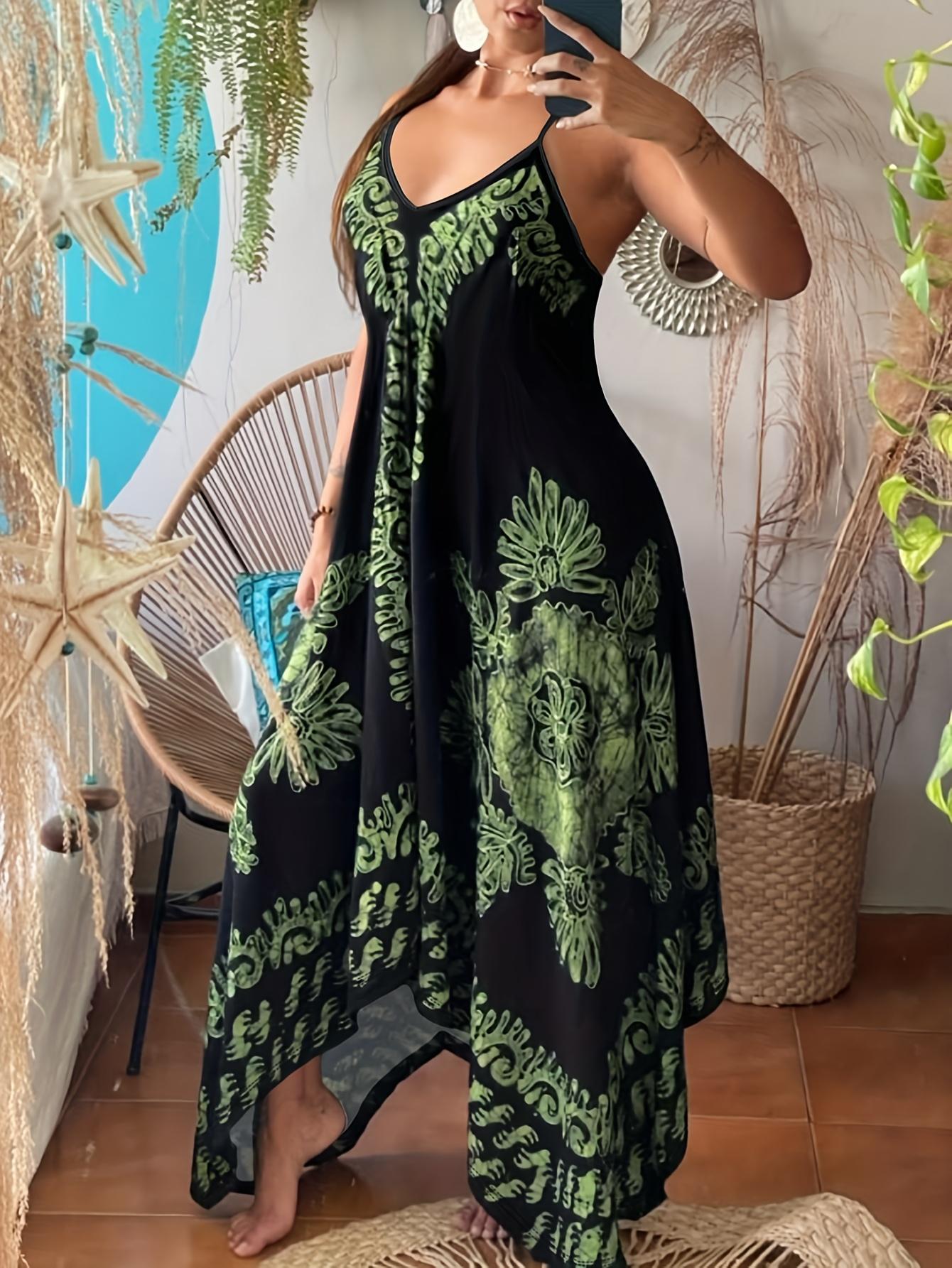 Women'S Bohemian Floral Print Maxi Dress - V-Neck Spaghetti Strap A ...