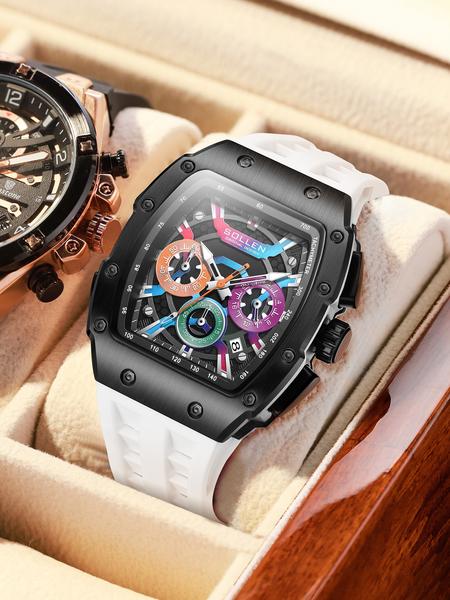 SOLLEN Men's Rainbow Tonneau Watch - Multifunction Day/Date & 24H ...
