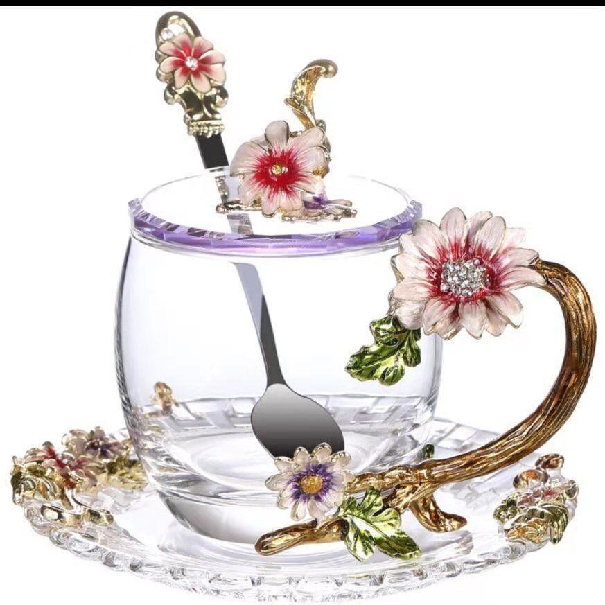 Enamel Sunflower Crystal Glass Tea Cup Set, Creative Floral Handle ...
