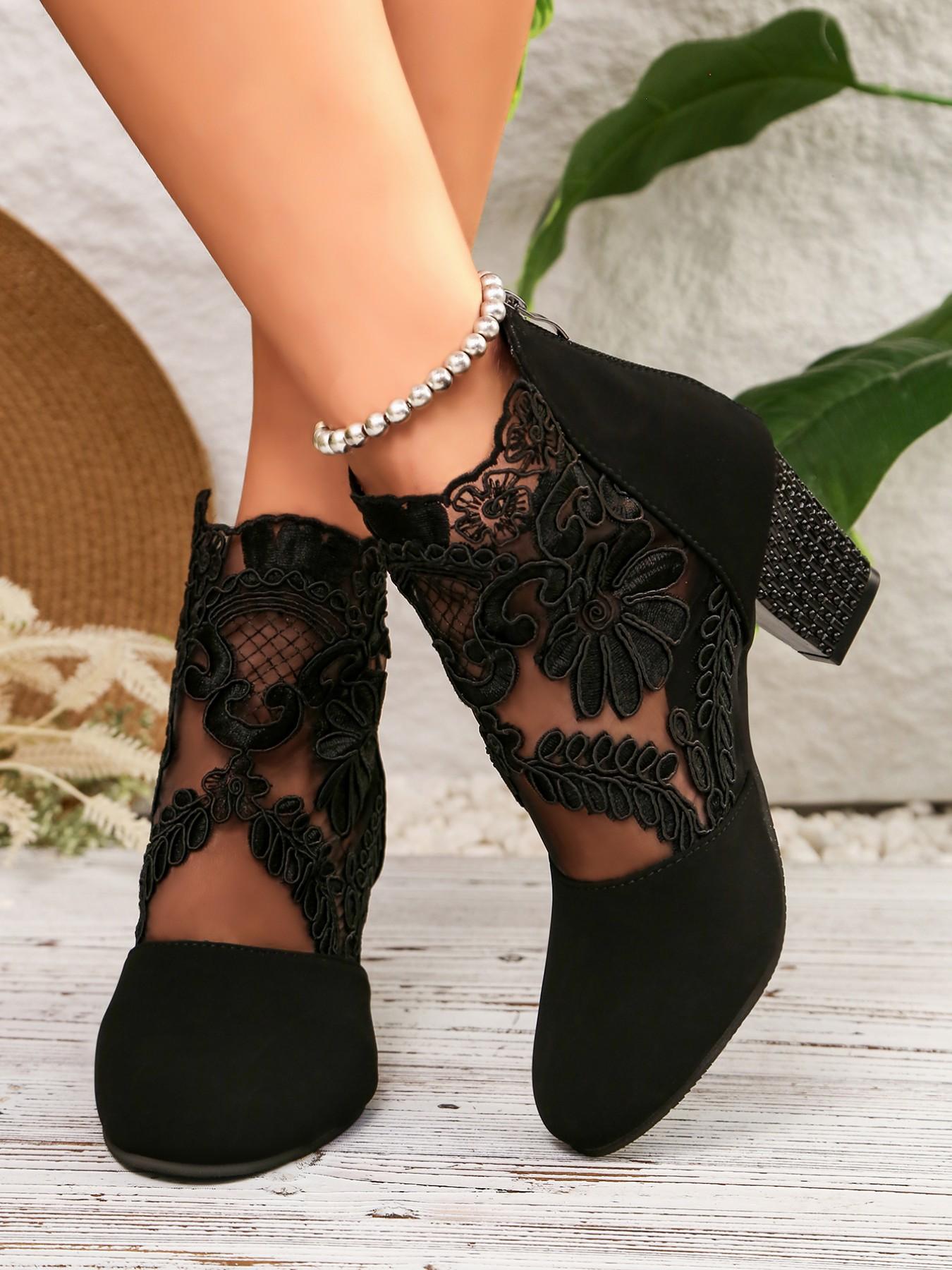 Sexy Lace Short Boots, Chunky Heel Non-Slip, Floral Embroidery Party ...