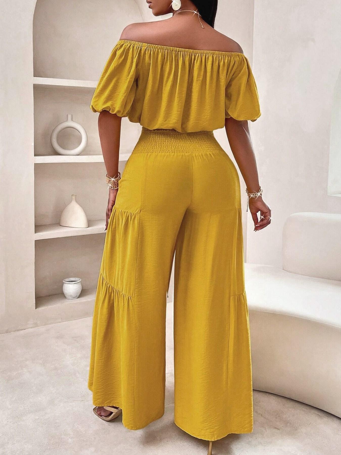 One-Shoulder Wide-Leg Set, Bubble Sleeve Tie Two-Piece Set, Vacation ...