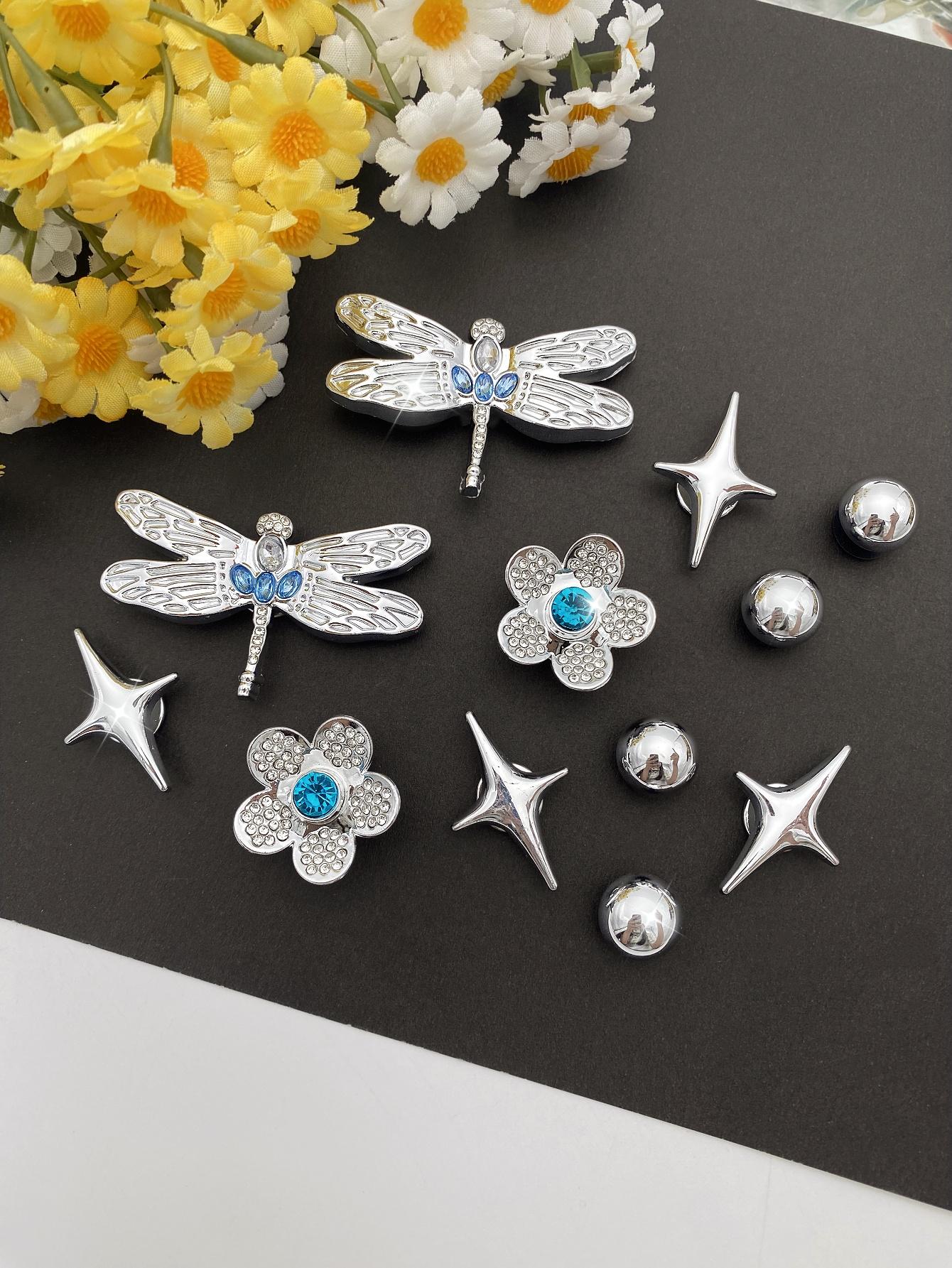 12pcs Silver Color Rhinestone Dragonfly Flower Star Abs Pearl DIY Bling ...