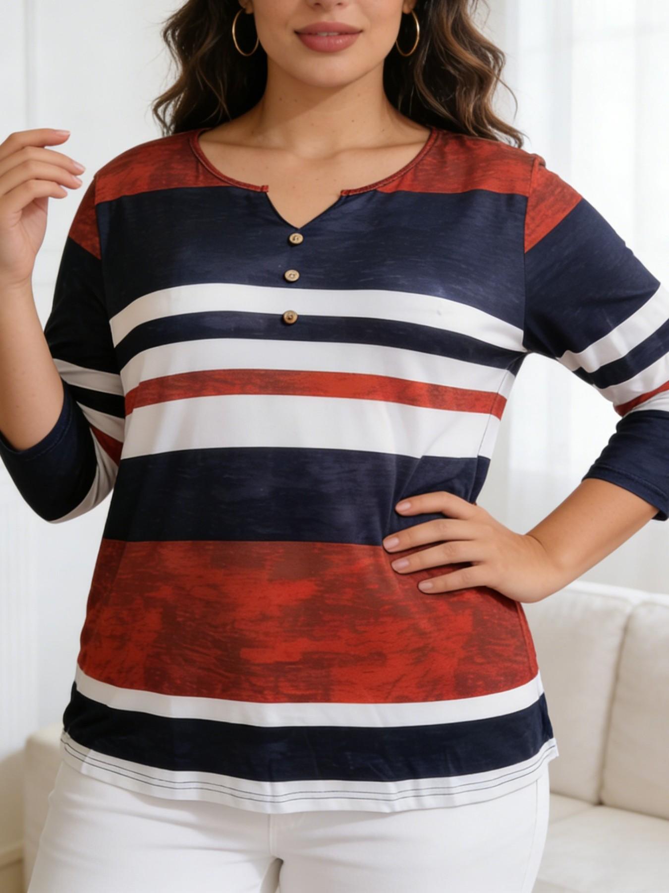 Women's Plus Size Lady Vintage Striped Casual Loose Fit Short Sleeve V ...