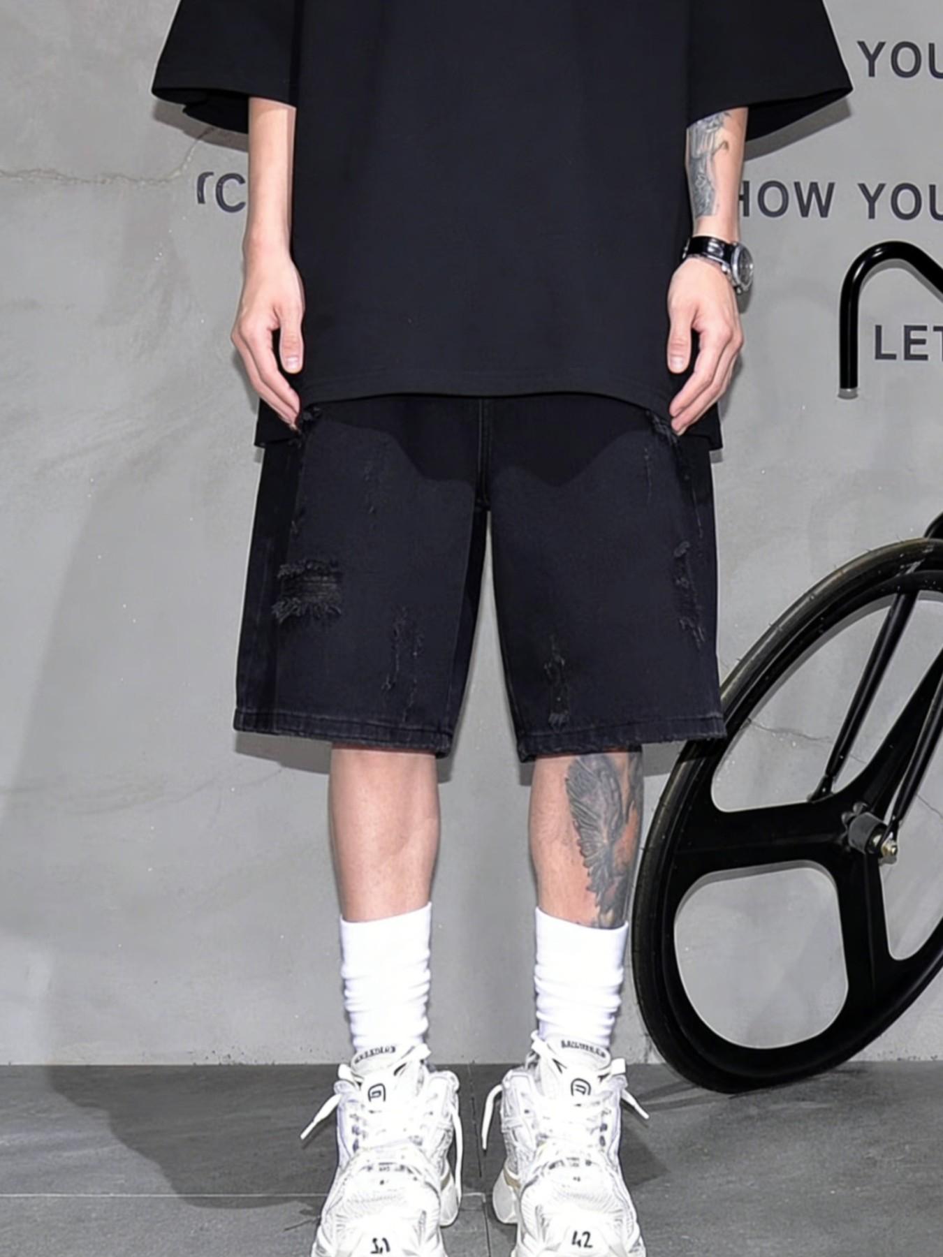 Men's Solid Ripped Denim Shorts, Loose Casual Comfy Fashion Shorts for ...