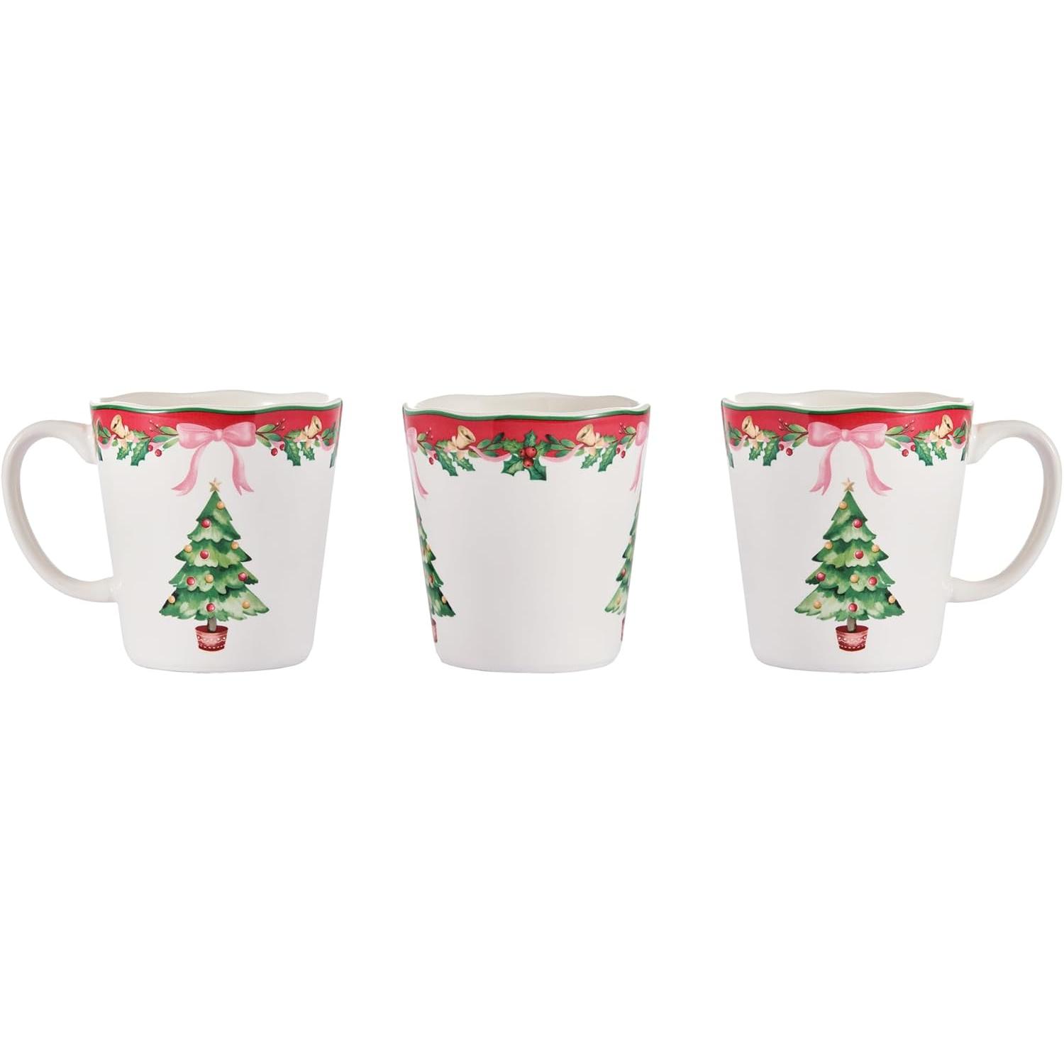 Ribbon Christmas Scalloped Ceramic Mug Set of 4, Christmas Coffee Mugs ...