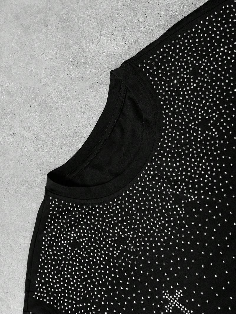 Unisex Rhinestone Cross Pattern T-Shirt, Street Style Glam Top ...