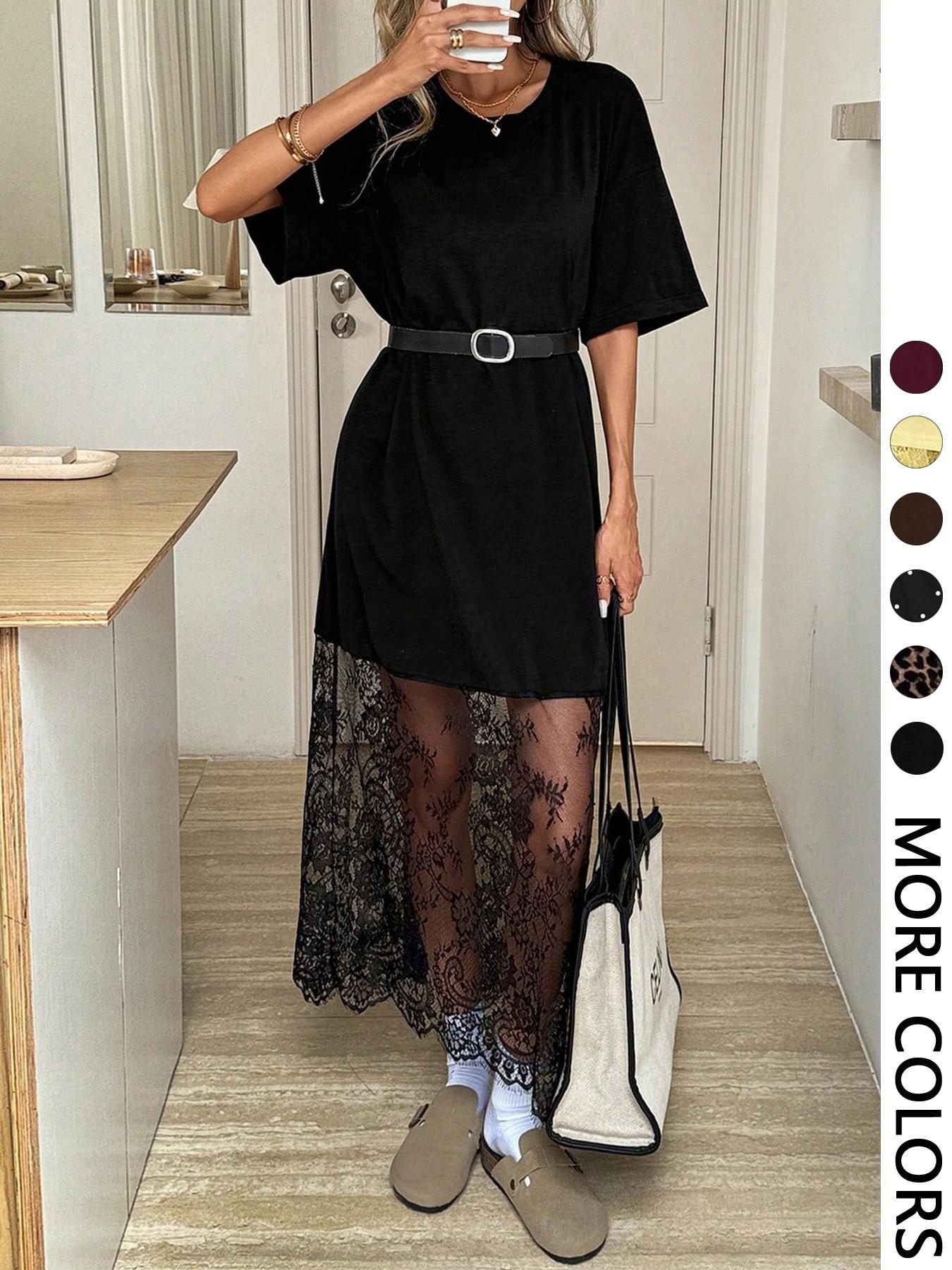 Solid Color Crew Neck Short Sleeve Loose Casual Lace Dress, Suitable ...