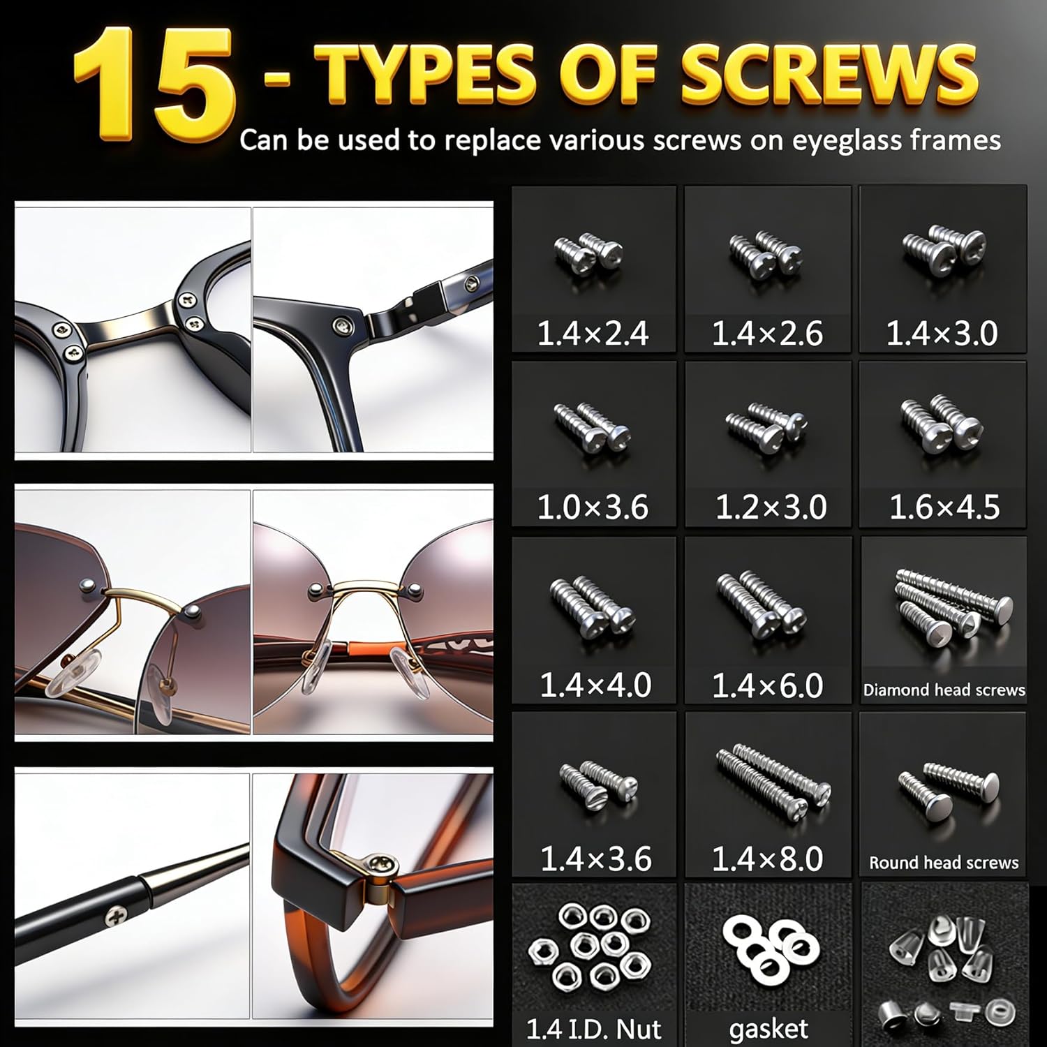 Eyeglass Repair Kit with Screws, 15 Types Screws for Eyeglasses - Frame ...