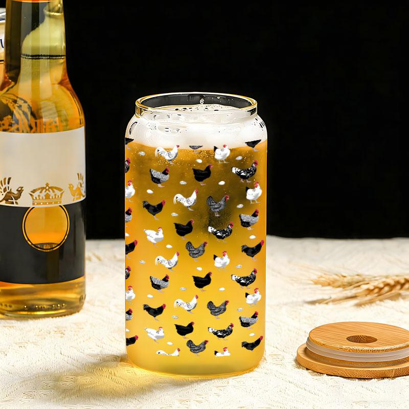 Chicken Print 16oz Glass Tumbler with Bamboo Lid and Straw, Can Shaped ...