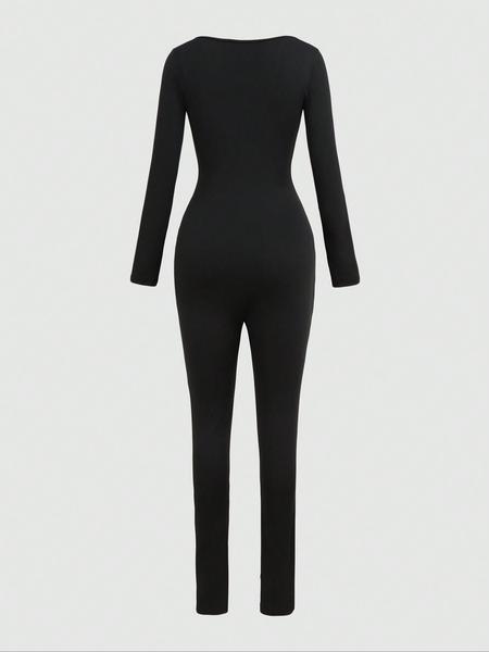 U-Neck Long Sleeve Jumpsuit Set, Sexy Slim-Fitting H-Type, Natural ...