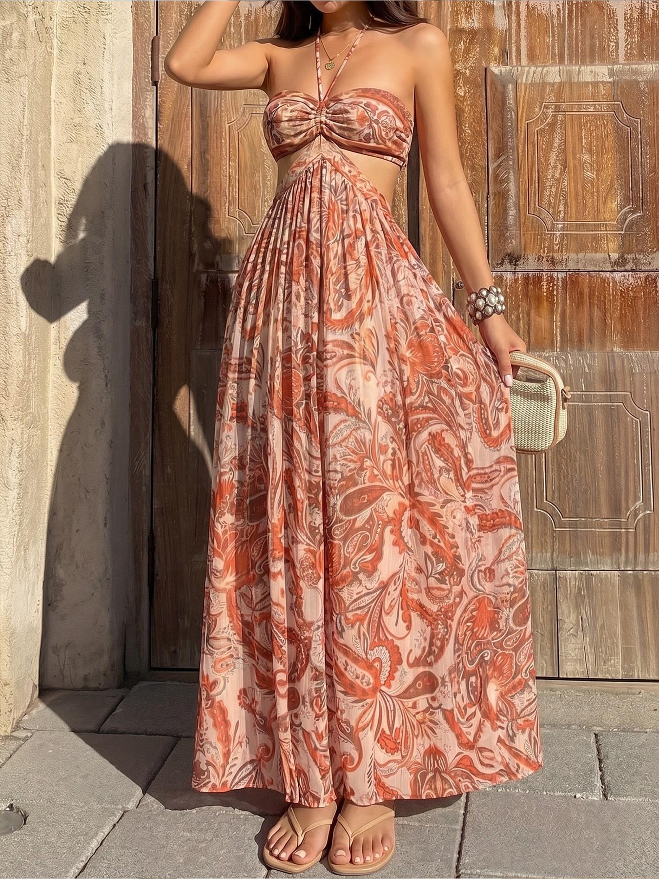 Women's Paisley Print Halter Long Dress, Flowy Chic Sleeveless Bohemian ...