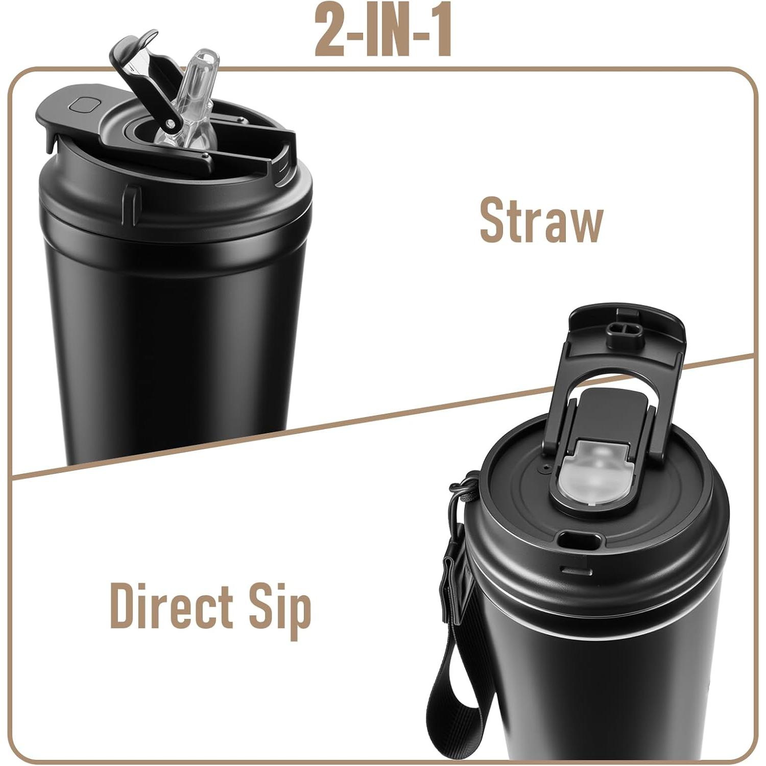 Insulated Travel Coffee Mug, 13oz Leakproof Coffee Tumblers With Strap ...