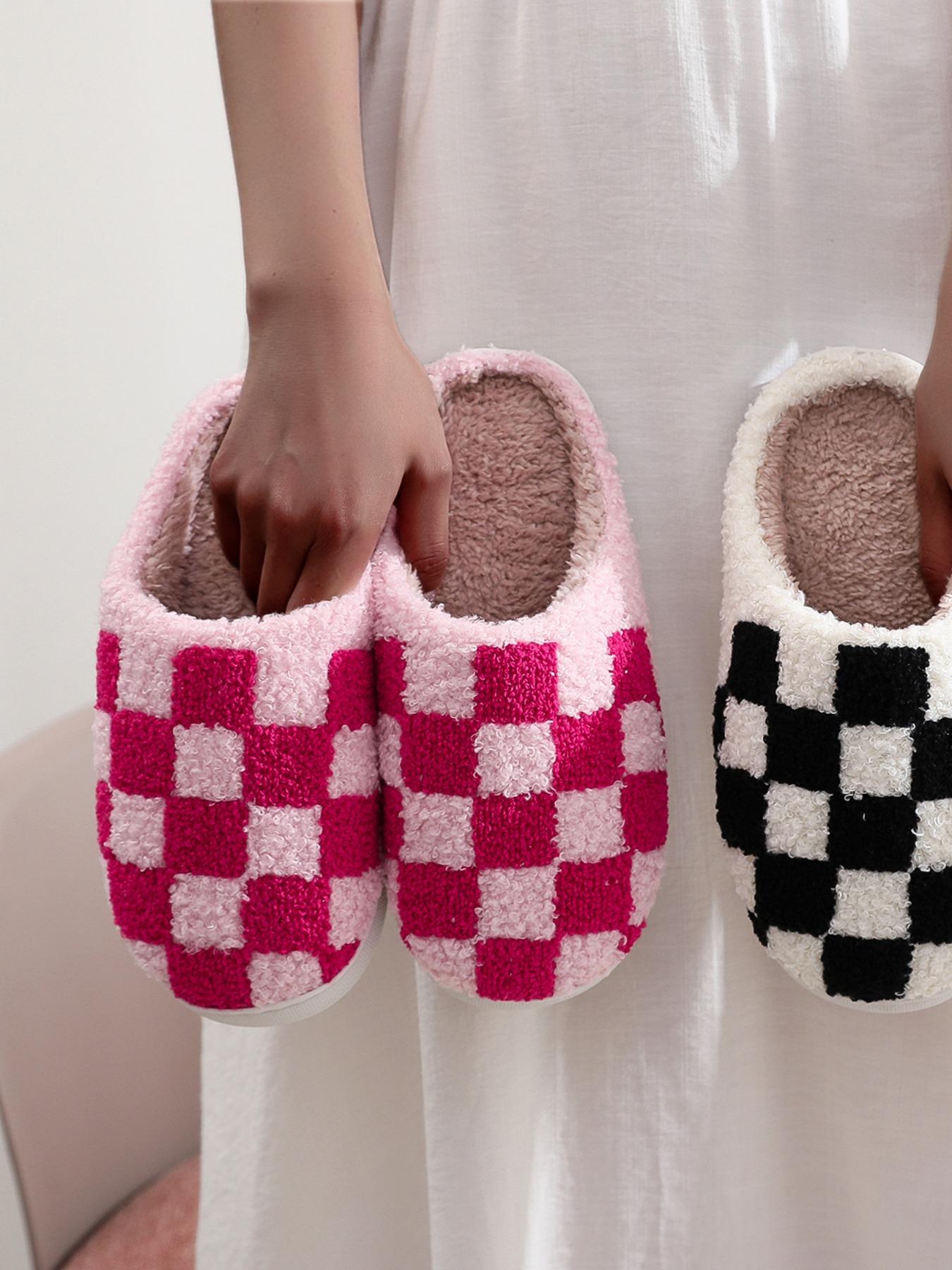 Women's Plaid Soft Plush Slippers, Creative Embroidered Vintage Simple ...