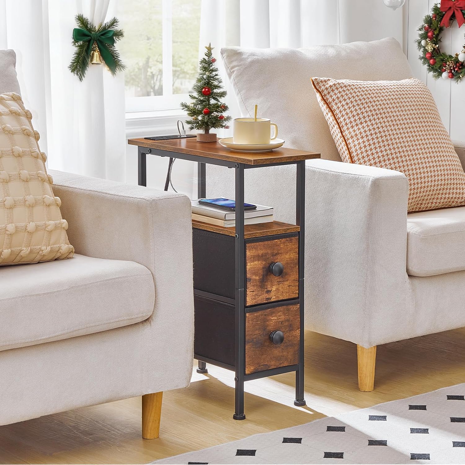 End Table with Station, Narrow Side Table with 2 Fabric Drawers, Skinny ...