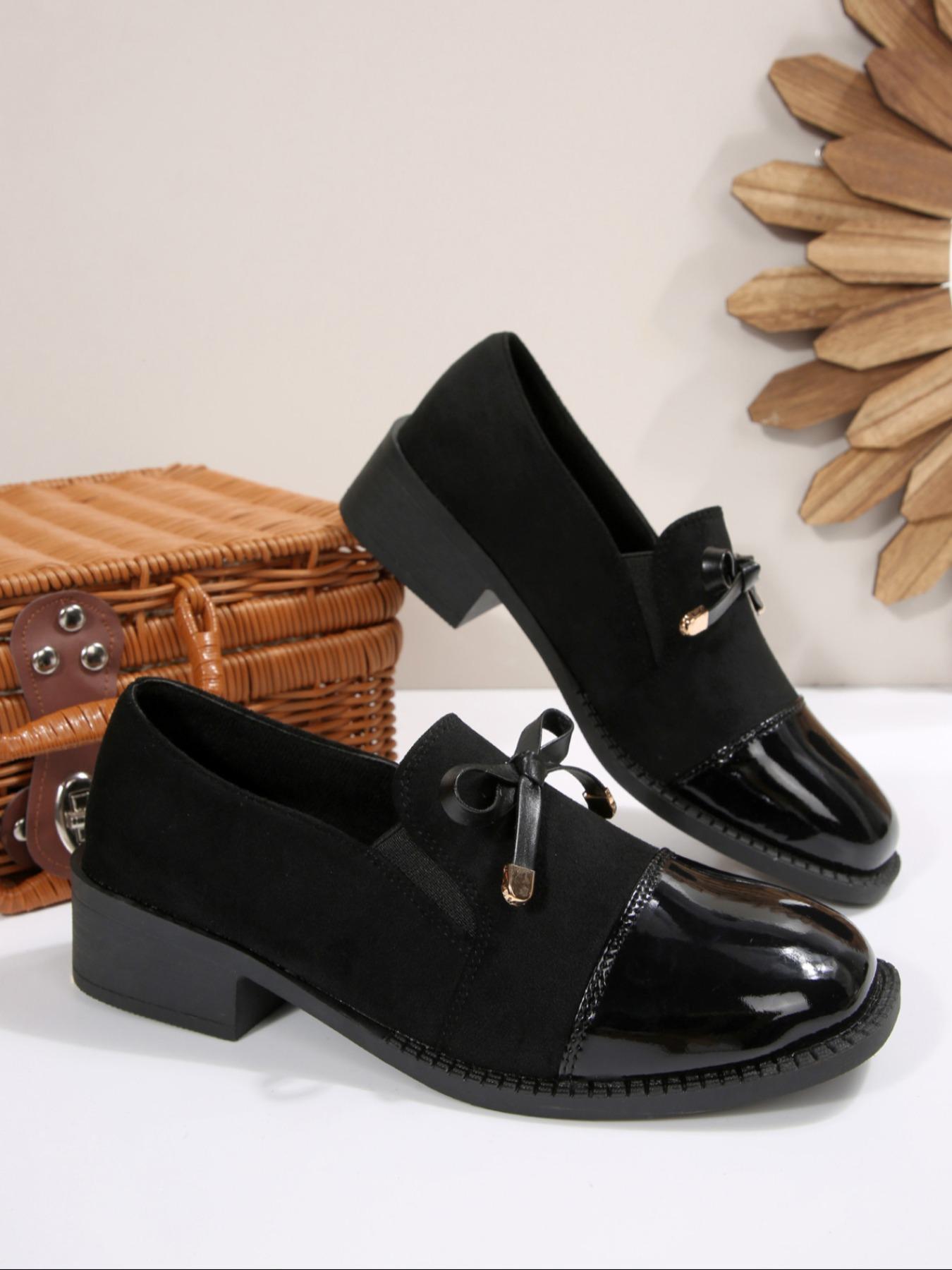 Women's new stitching bow medium-heeled shoes, British square scalp ...