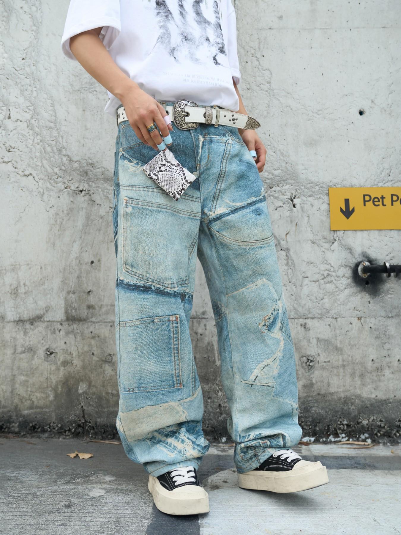 Men's Trendy Patchwork Distressed Wide-Leg Light Wash Loose Denim Jeans ...
