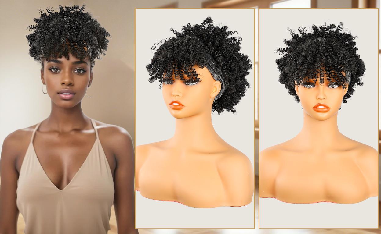 Kinky Curly Headband Wig 8 Inch Afro Wigs with Bangs Head Wrap 2 in 1 ...