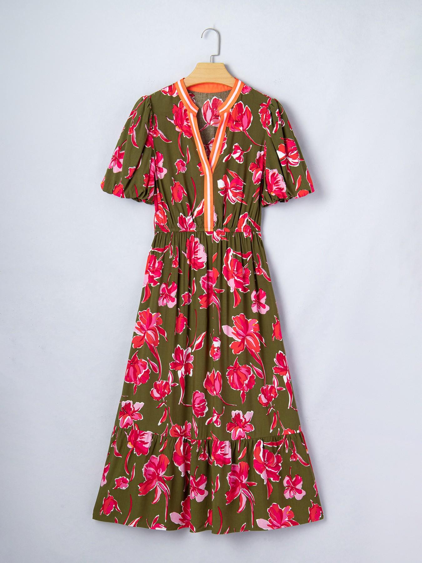 Elegant Floral Print Striped Trim Halter Neck Bubble Short Sleeve ...