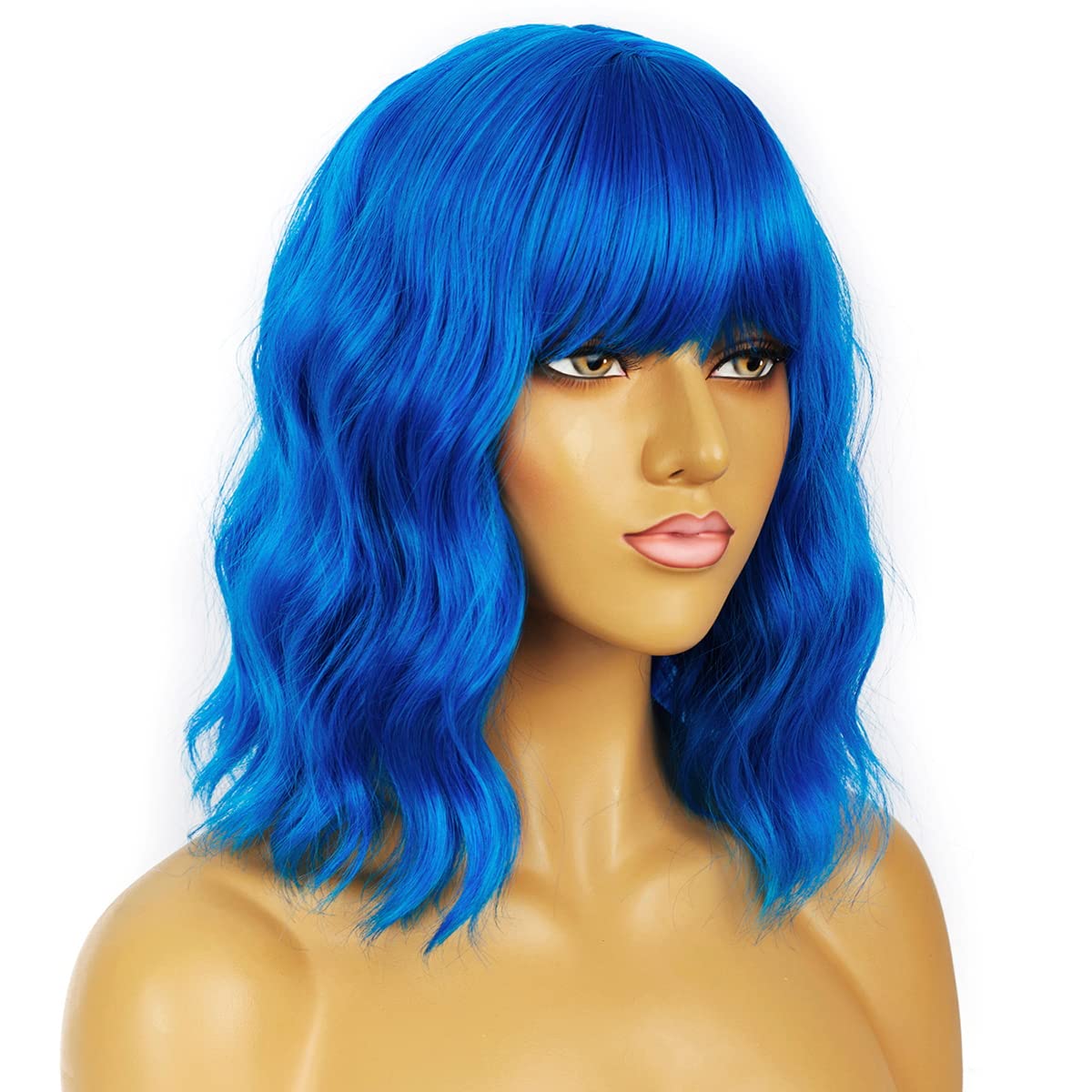 Short Bob Wavy Wig with Bangs for Women Loose Curly Length Synthetic ...