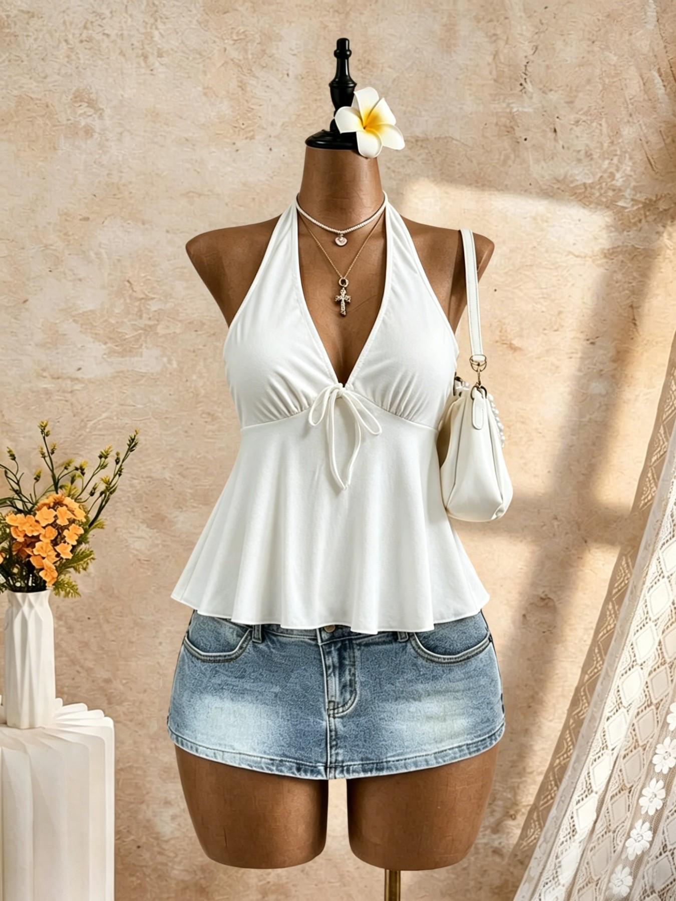Women's Tie Front V-Neck Ruffle Top, Sleeveless Backless Vest, Summer ...
