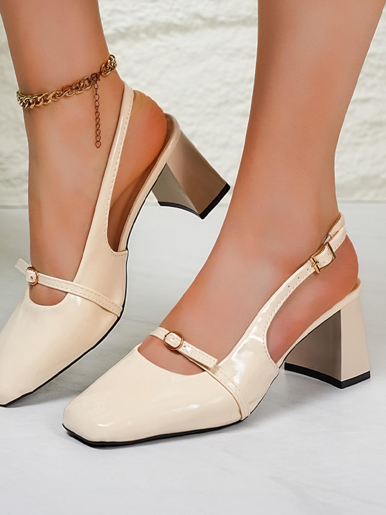 Women's Patent Leather Square Toe Back Strap Chunky Heel Sandals, Metal ...