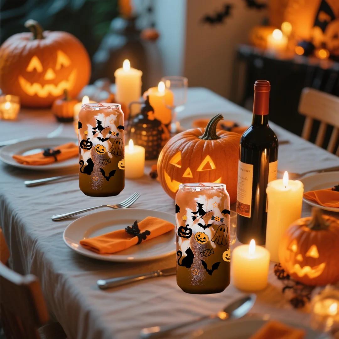 Halloween Glass Cup Set, 16oz Drinking Glasses with Glass Straw & Brush ...