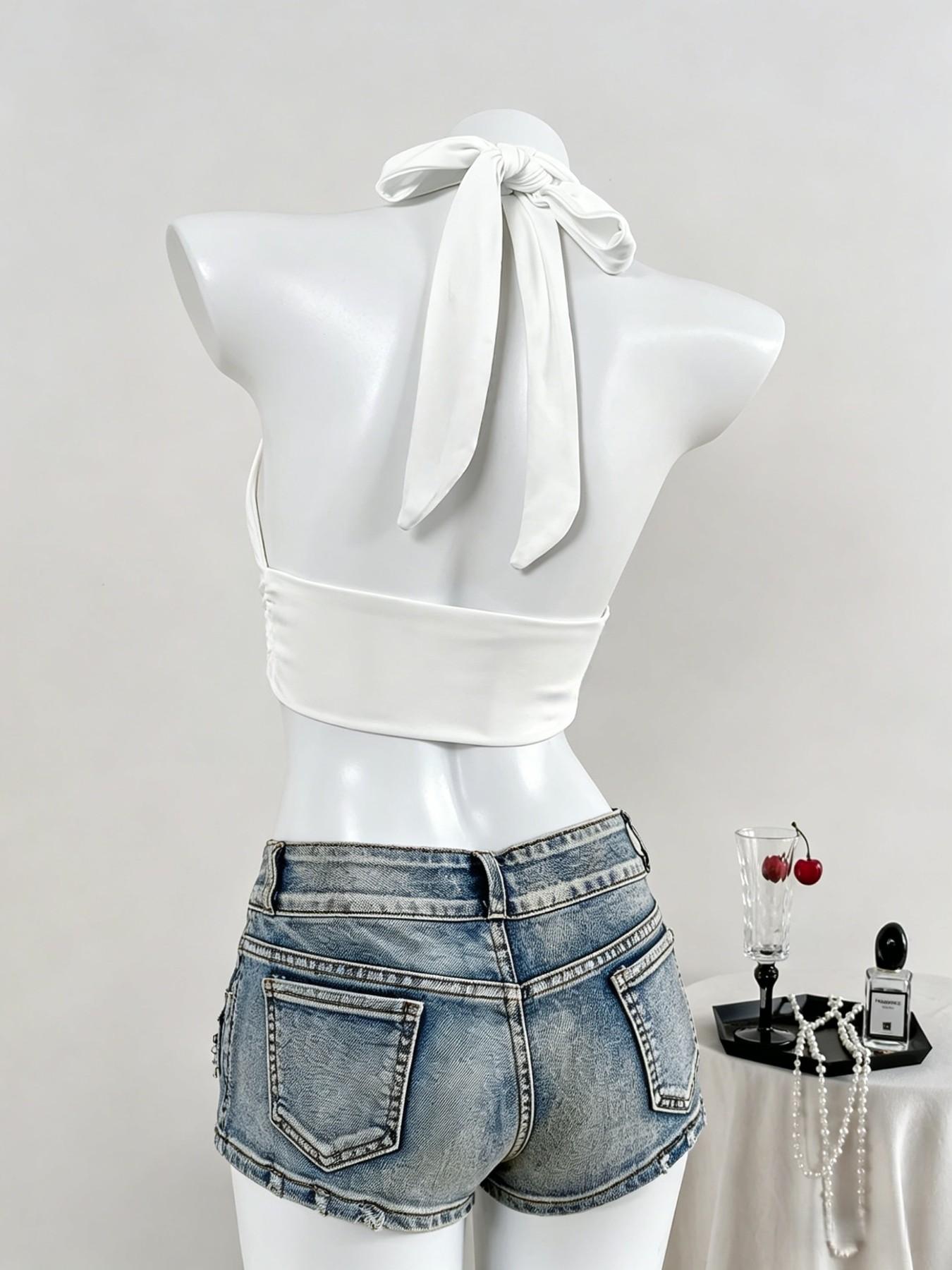 Two-Piece Halter Deep V Short Top, Sleeveless Backless Tie-Back Tank ...