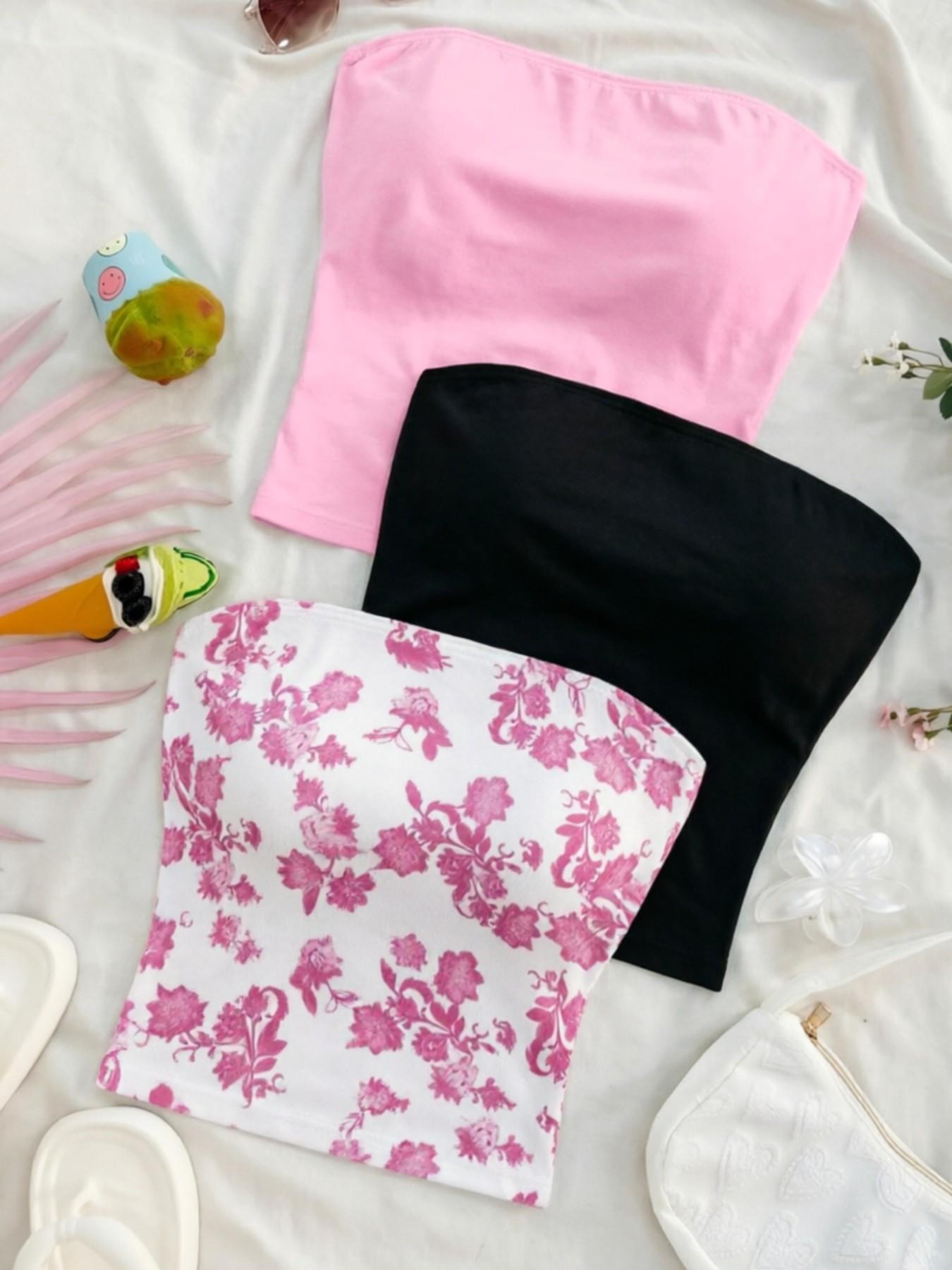 Summer Casual Strapless Crop Top, 3-Pack Basic & Floral Print Women's ...