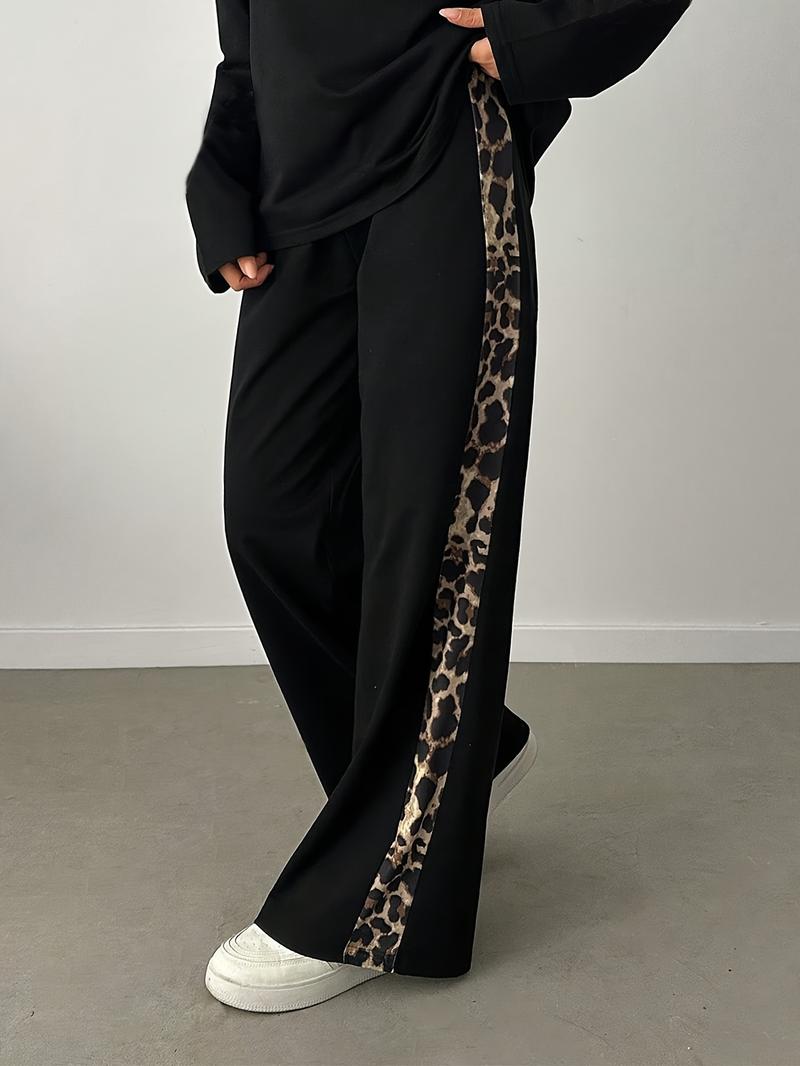 Women's Plus Size Wide Leg Pants, Side Leopard Print Design, Casual ...