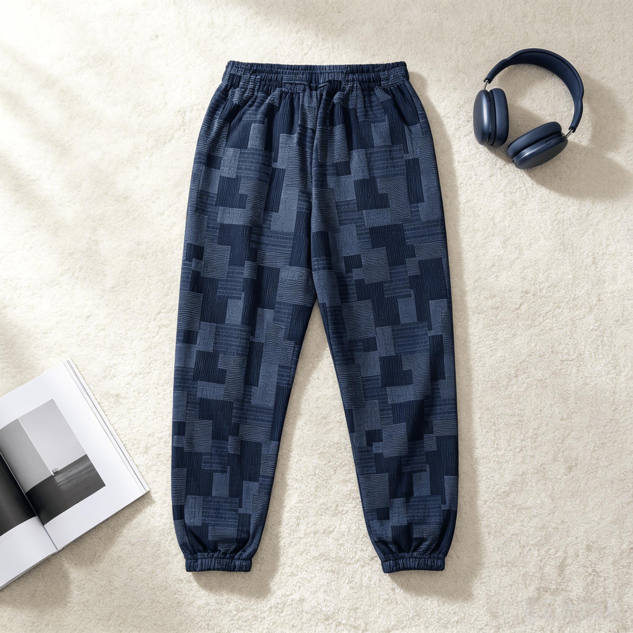 Men’s Dark Blue Block Plaid Jogger Pants - Elastic Waist with White ...