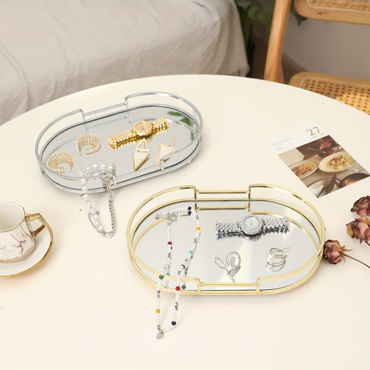 1pc Iron Frame with Golden and Silvery Edges Oval Glass Mirror Tray ...
