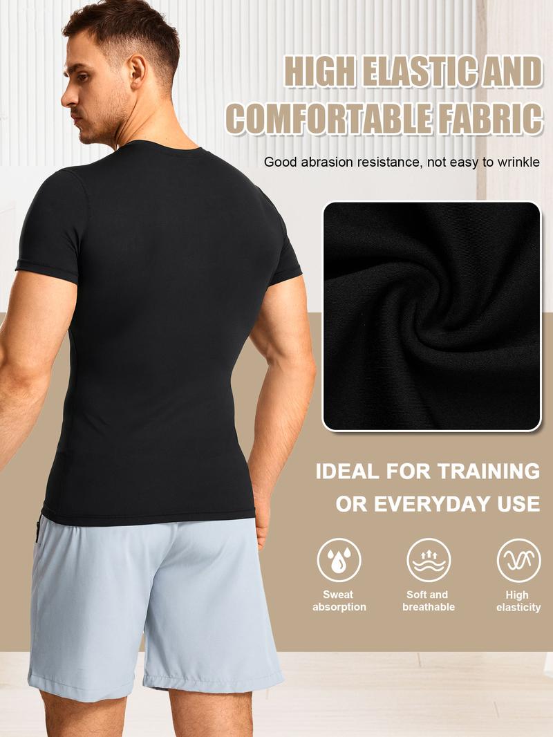 Men's Solid Color Short Sleeve Round Neck Compression Tee, High Stretch ...