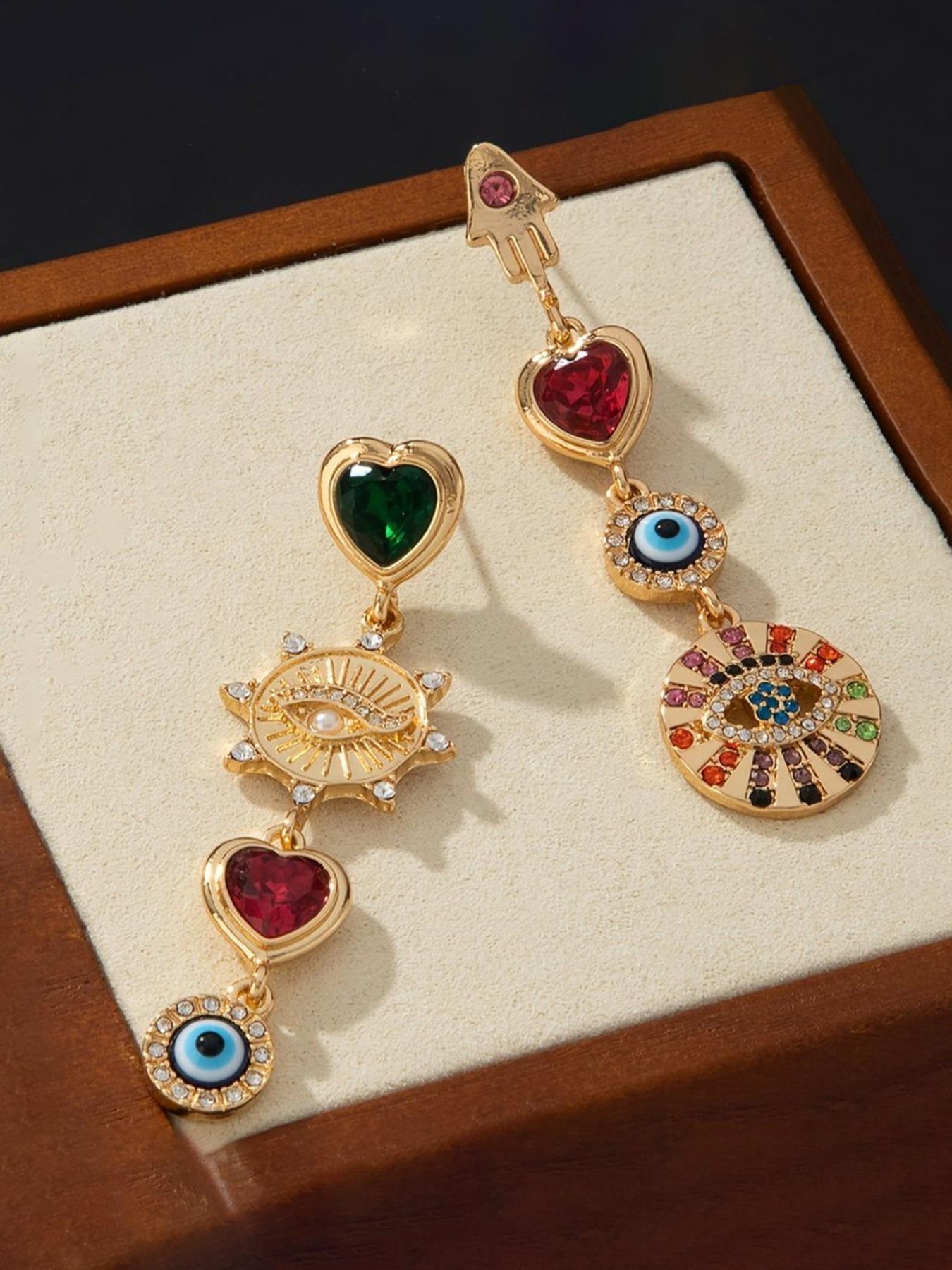 Vintage Gothic Devil Eye Motif Heart Rhinestone Earrings, Long Party ...