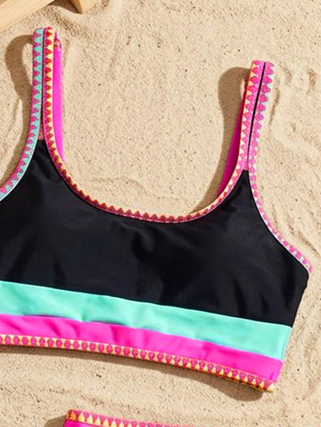 New Women's Fashion Colorblock Swim Top Bikini Set, Sexy Low Waist ...