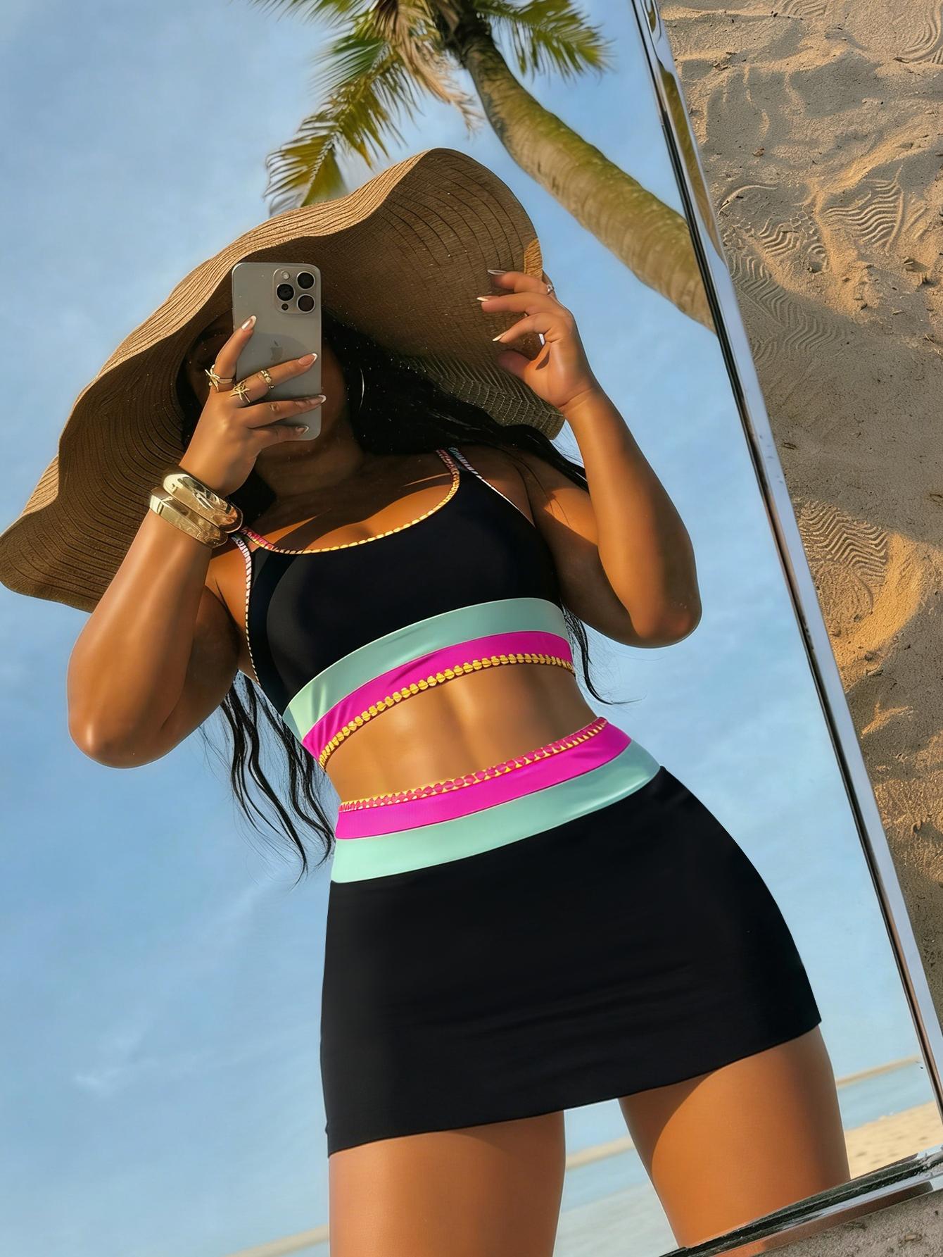 New Women's Fashion Colorblock Swim Top Bikini Set, Sexy Low Waist ...