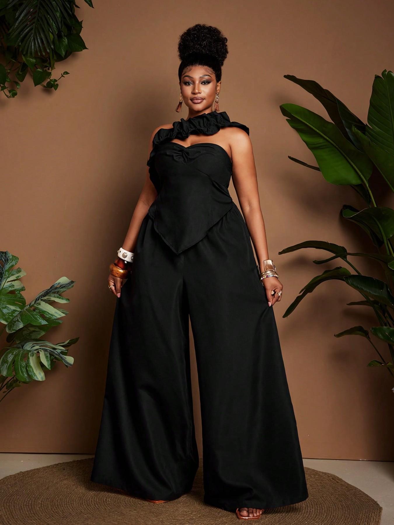 Plus Size Women's One-Shoulder Ruffle Crop Jumpsuit, High-Waisted Wide ...