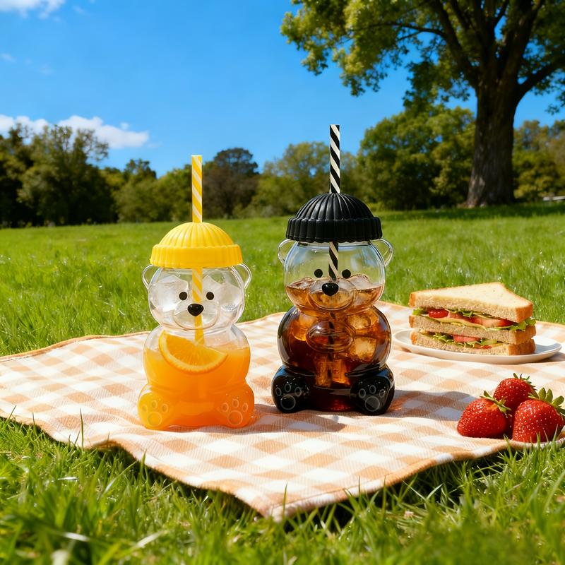 Bear Design Glass Cup, 20oz Leak-Proof Straw Cup, Cartoon Drink Cup ...