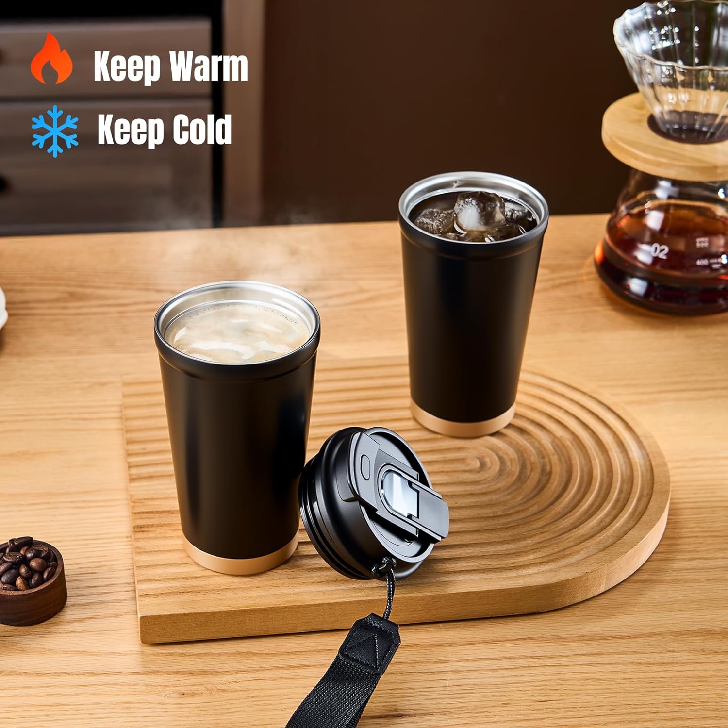 Insulated Travel Coffee Mug, 13oz Leakproof Coffee Tumblers With Strap ...