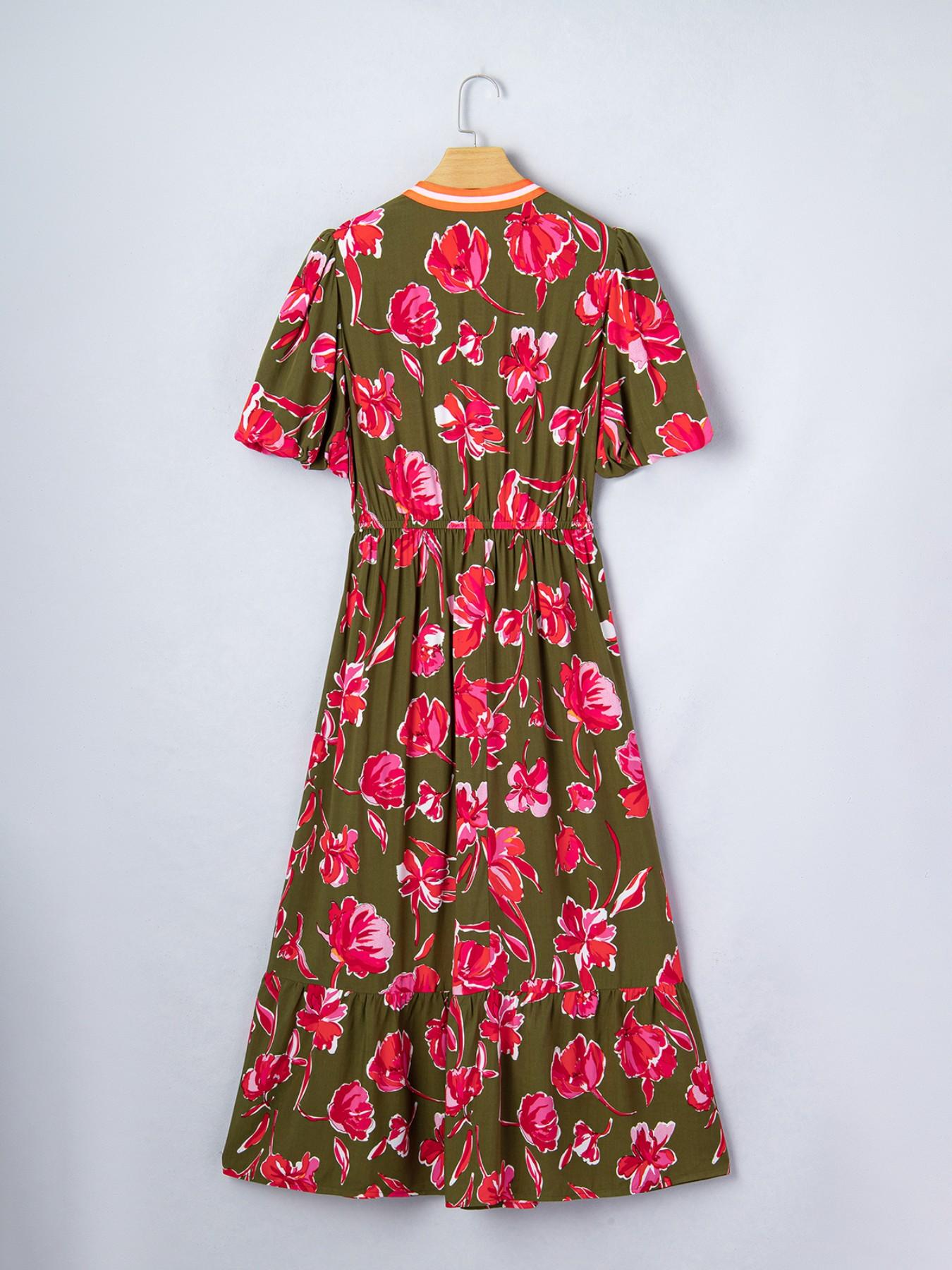 Elegant Floral Print Striped Trim Halter Neck Bubble Short Sleeve ...