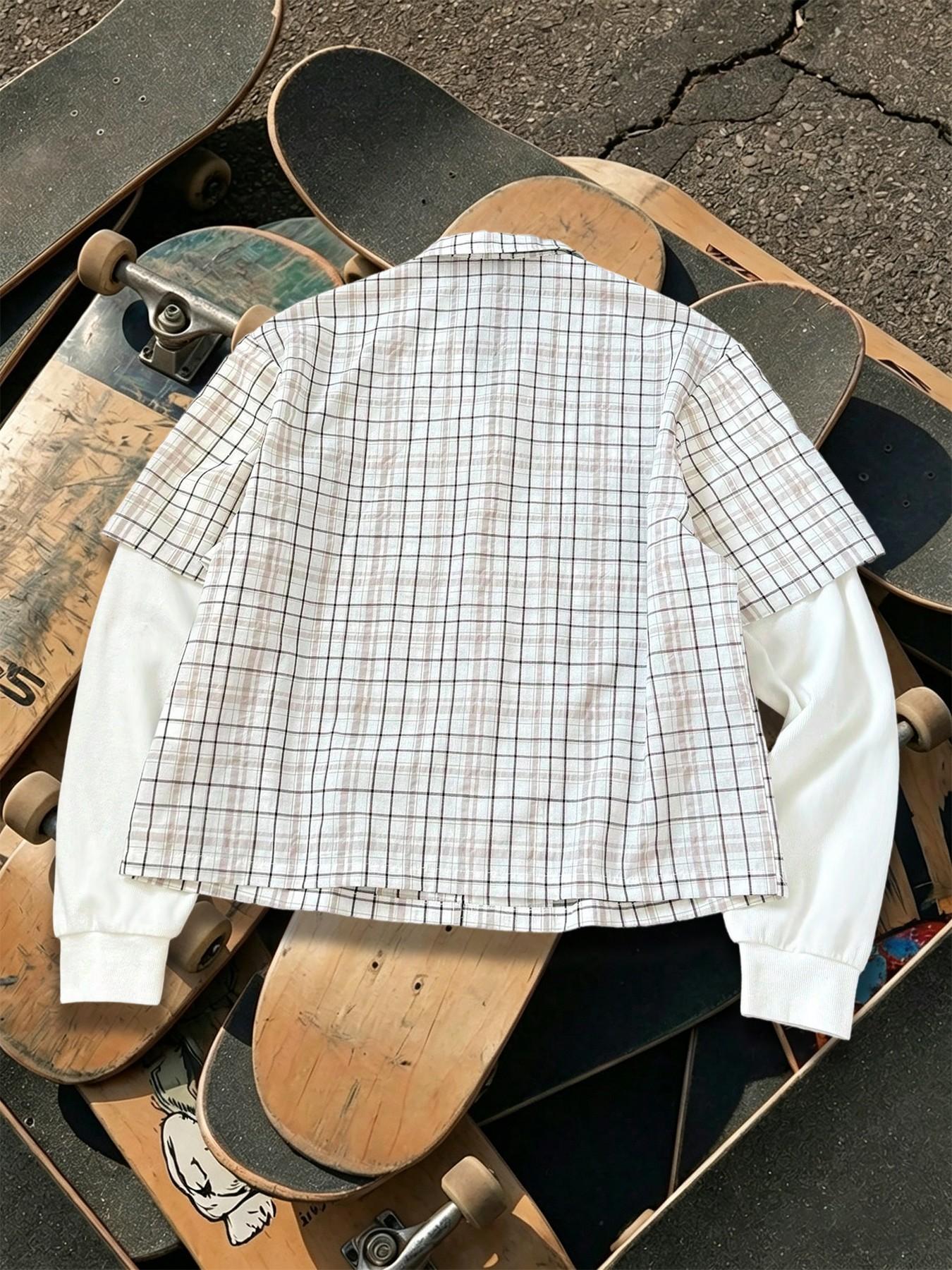 Men's Plaid Checked "FREEDOM" Print Fake Two-Piece Shirt, Patchwork ...