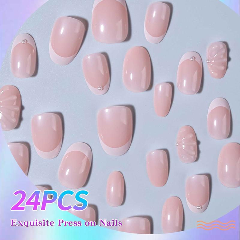 24pcs Short Oval French Gel Pearl Design Acrylic Press-On Nails Set ...