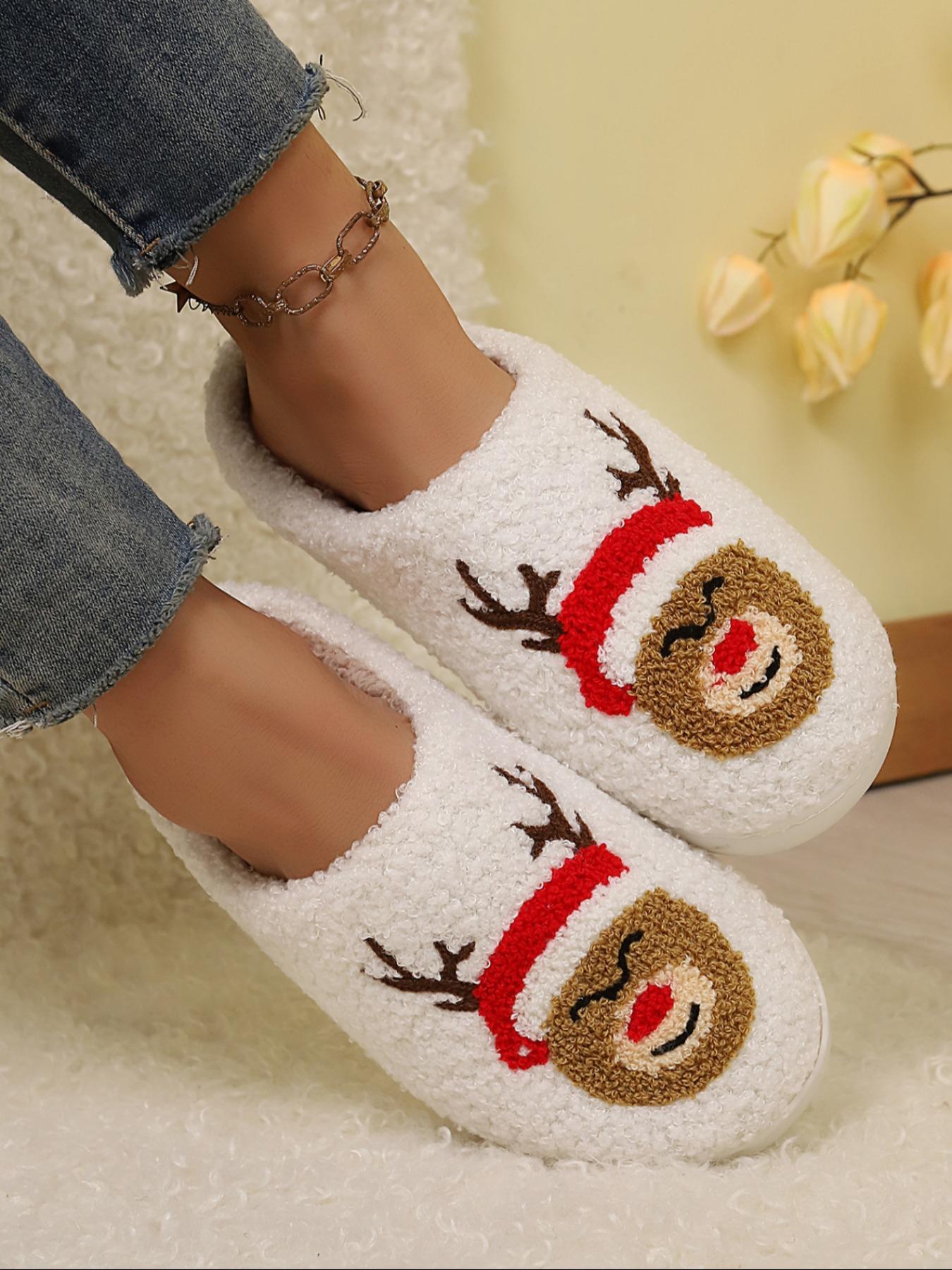 Women's Fashion Christmas Reindeer Slippers, Cute Design Plush Lined ...