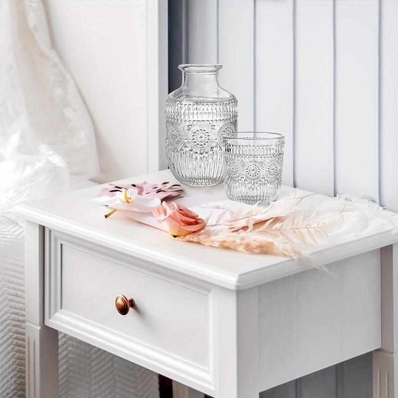 Elegant Glass Nightstand Set, Leaf Pattern Water Jug & Lidded Glasses ...