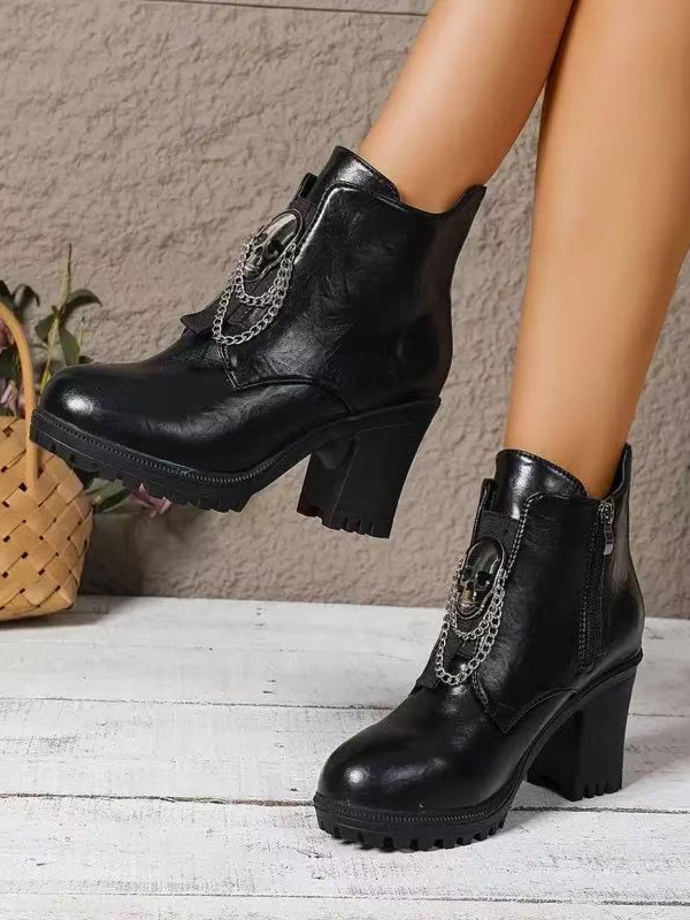 Halloween Metal Skull Decor High Heel Knee Boots, Side Zipper Closure ...